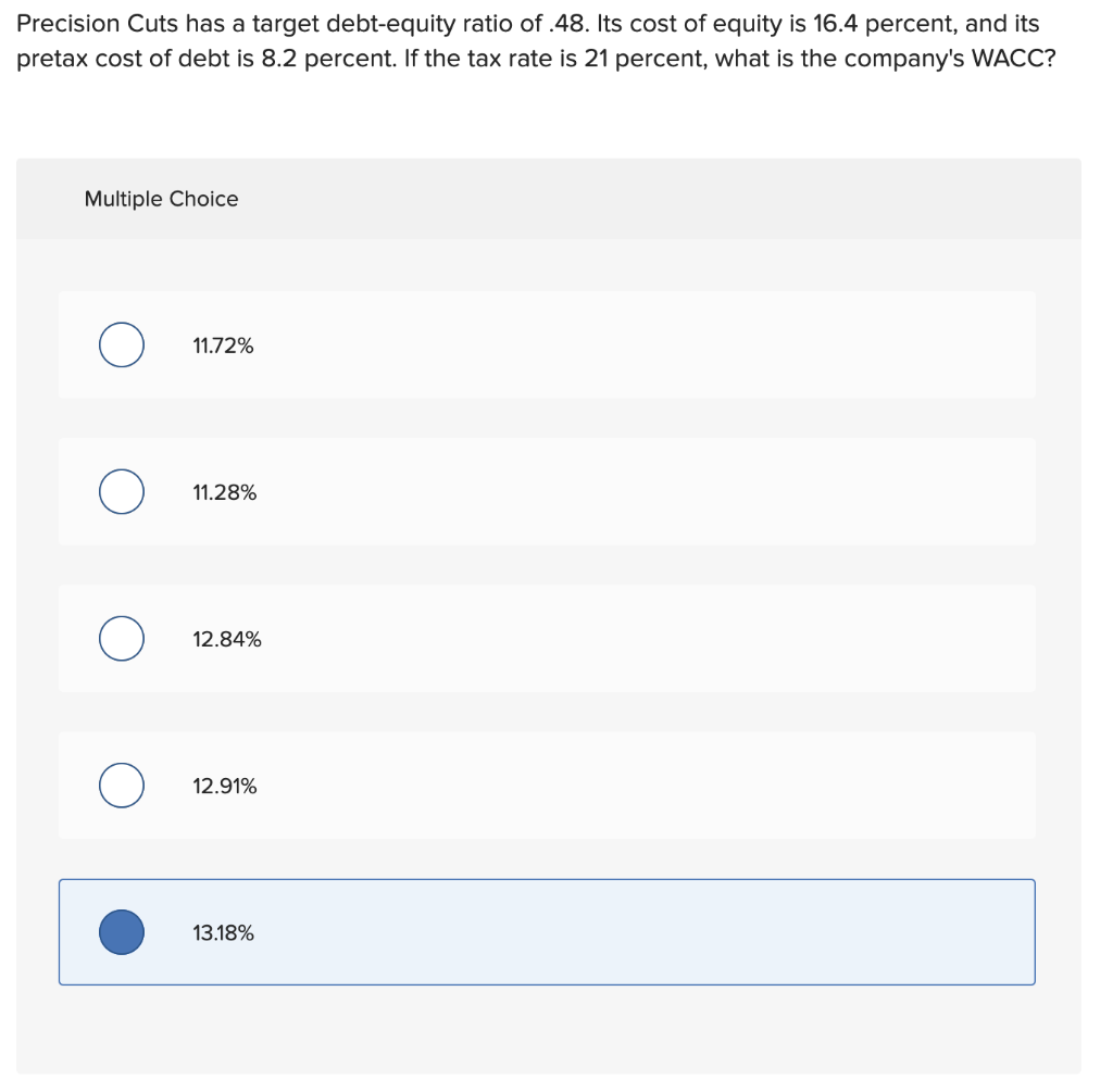 Solved Precision Cuts has a target debt-equity ratio of 48 . | Chegg.com