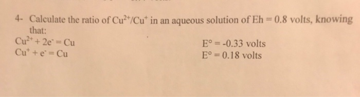 Solved 4-Calculate the ratio of Cu2+/Cu'in an aqueous | Chegg.com