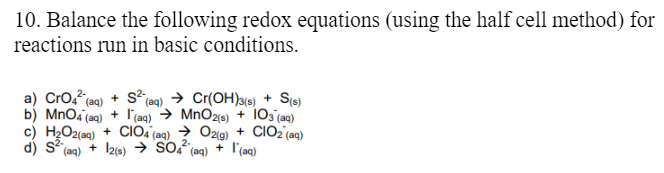 Solved Support Questions 9. Balance the following redox | Chegg.com