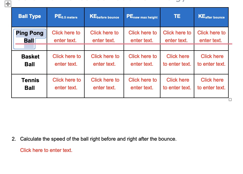 Solved Data Table Table 2. Bounce Back Height for Various | Chegg.com