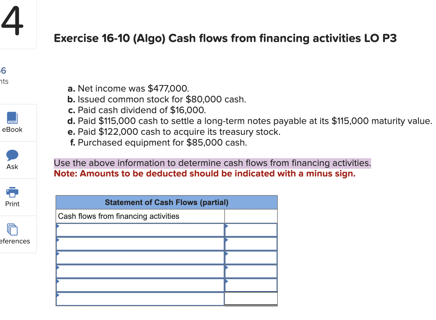 Solved Exercise 16-10 (Algo) ﻿Cash flows from financing | Chegg.com