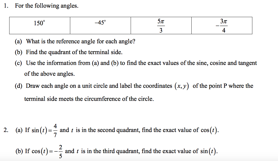 Solved 1. For the following angles. 150° -45° 51 Зл 3 4 (a) | Chegg.com