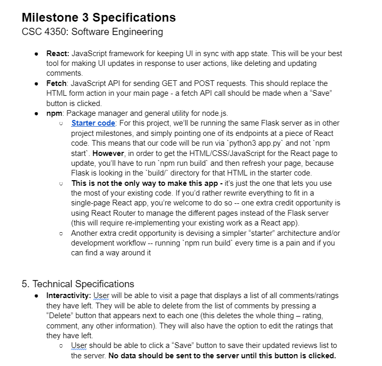 Milestone 3 Specifications CSC 4350: Software | Chegg.com