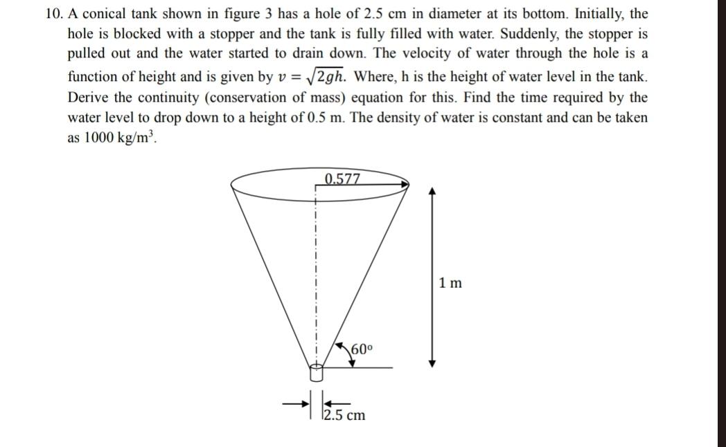 Solved 10. A conical tank shown in figure 3 has a hole of | Chegg.com