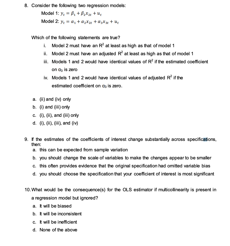 Solved 8. Consider the following two regression models: | Chegg.com