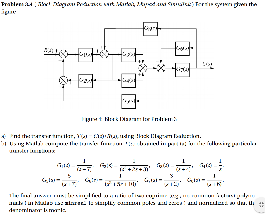 Solved Problem 3.4 ( Block Diagram Reduction with Matlab, | Chegg.com