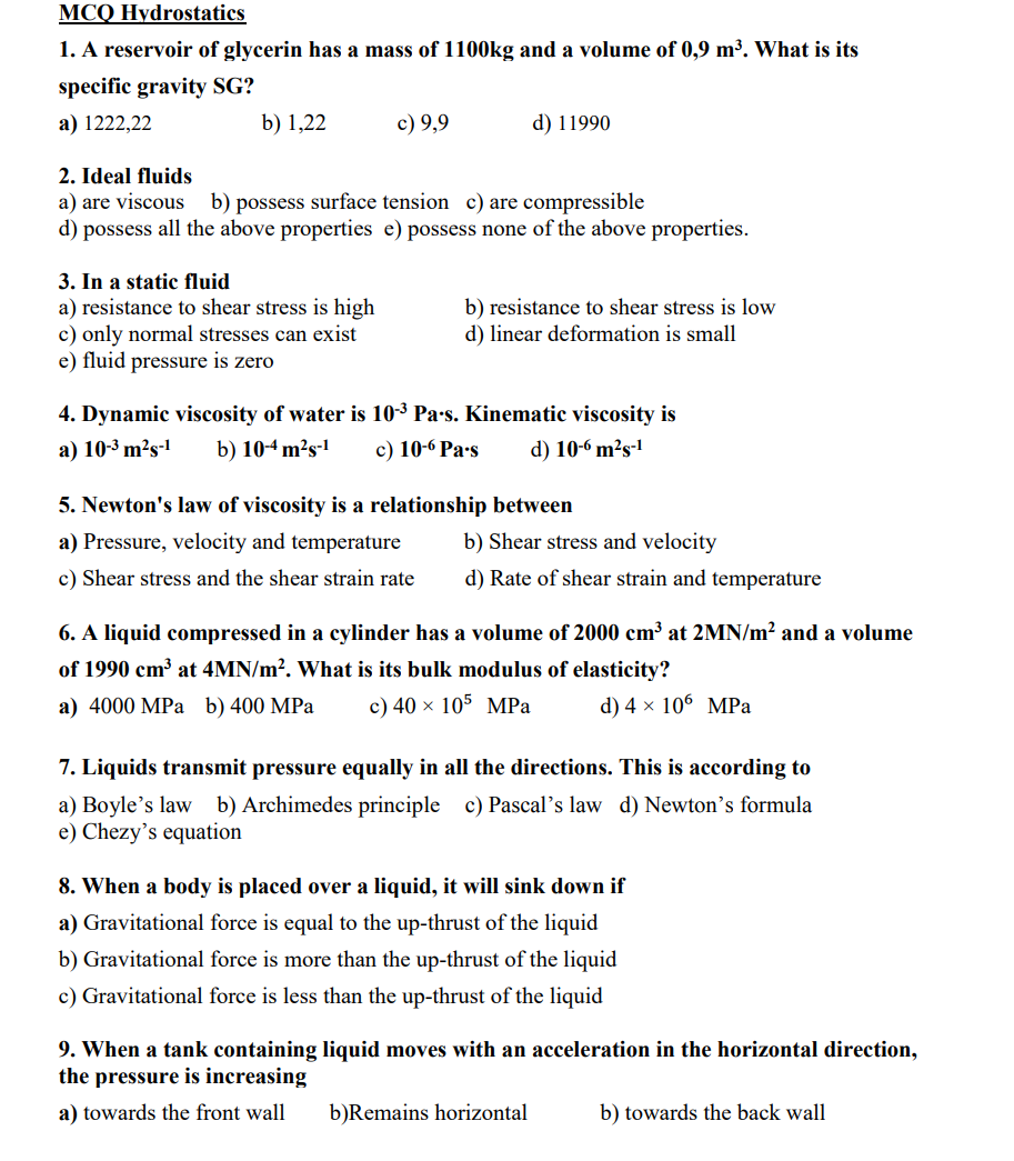 Solved MCQ Hydrostatics 1. A reservoir of glycerin has a | Chegg.com