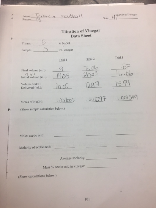 Solved Titration of Vinegar Data Sheet M NaOH vinegar | Chegg.com