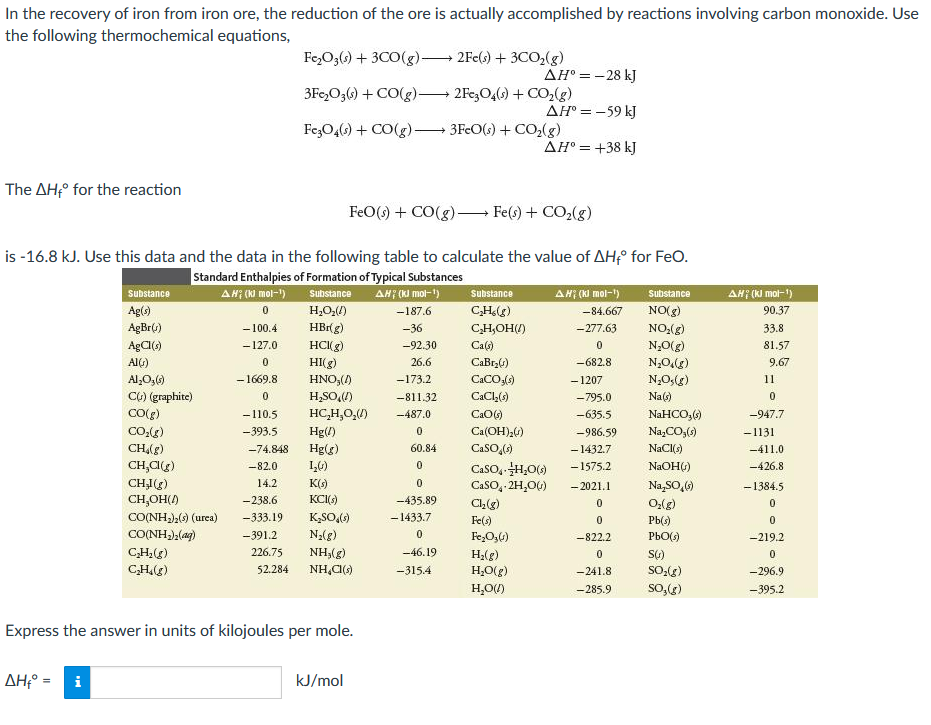 Solved Fe2O3(s)+3CO(g) 2Fe(s)+3CO2(g)ΔH∘=−28 | Chegg.com