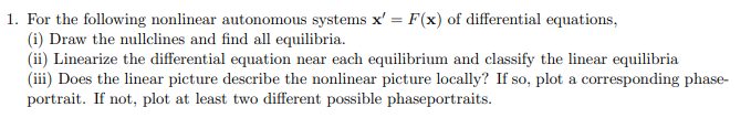 Solved 1. For the following nonlinear autonomous systems x' | Chegg.com