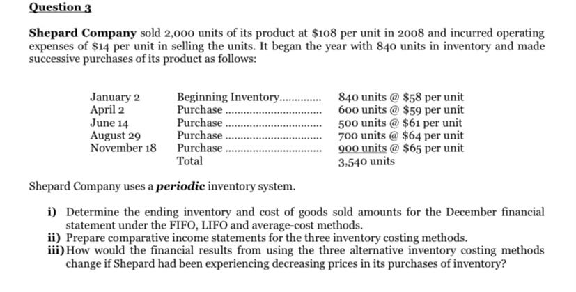 Solved Question 3 Shepard Company sold 2,000 units of its | Chegg.com
