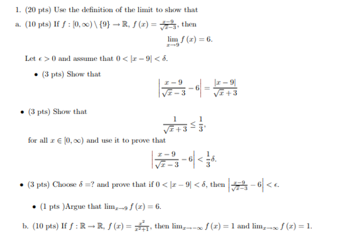 Solved 1. (20 pts) Use the definition of the limit to show | Chegg.com
