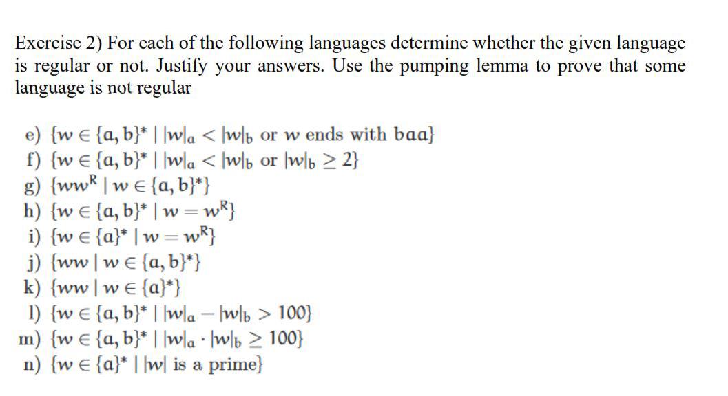 Solved Exercise 2) For each of the following languages | Chegg.com