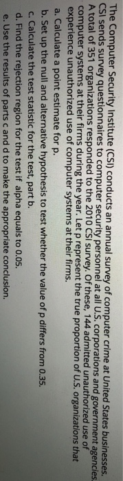 Solved The Computer Security Institute (CSI) conducts an | Chegg.com