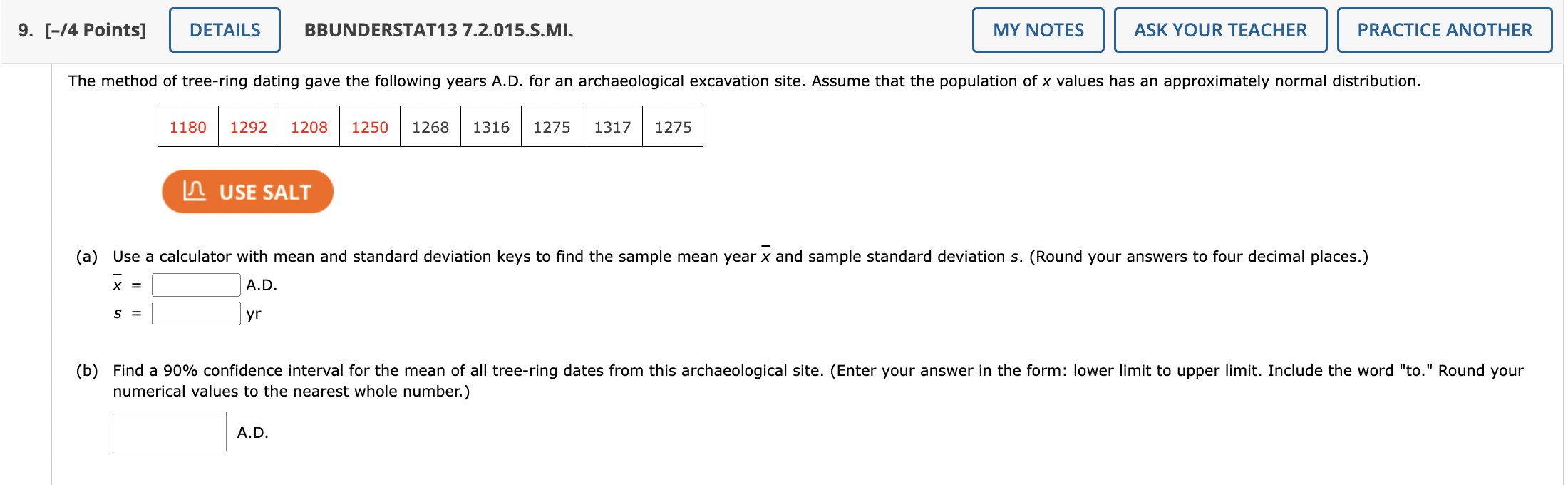 Solved \\[ \\begin{array}{lll} \\bar{x}= & \\text { A.D. } | Chegg.com