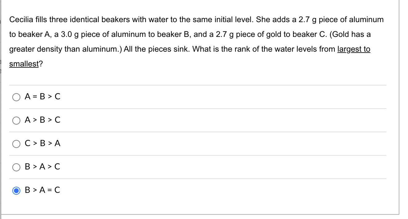 Solved Cecilia fills three identical beakers with water to | Chegg.com