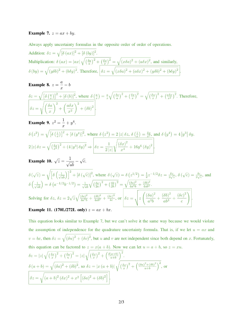 Solved Table of Uncertainty Propagation Formulas The table | Chegg.com