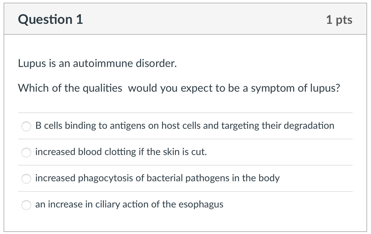 Solved Question 1 1 pts Lupus is an autoimmune disorder. | Chegg.com