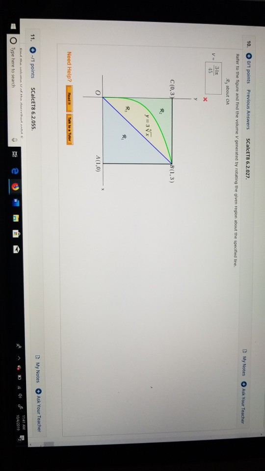 Solved 10. 0/1 points Previous Answers SCalcET8 6.2.027. My | Chegg.com