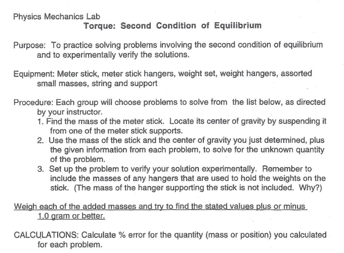 Solved Physics Mechanics Lab Torque: Second Condition of | Chegg.com