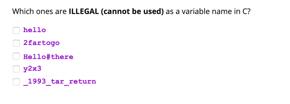 Solved Which ones are ILLEGAL (cannot be used) as a variable | Chegg.com