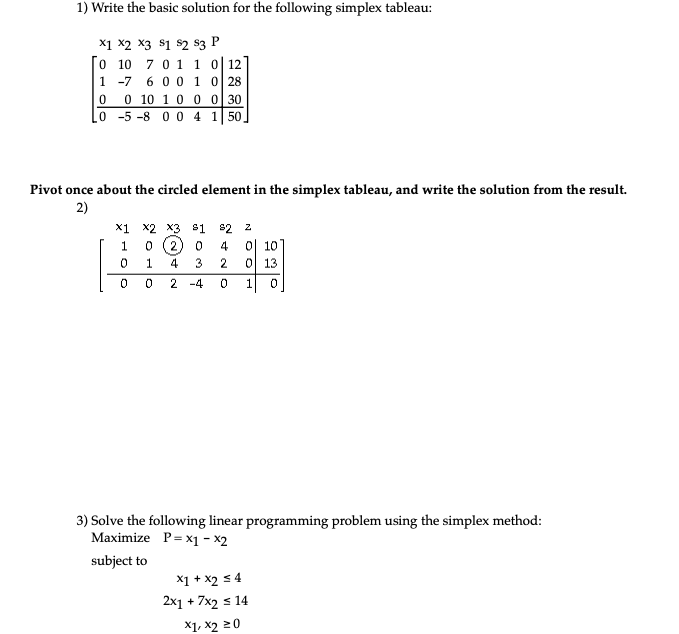 Solved 1) Write the basic solution for the following simplex | Chegg.com