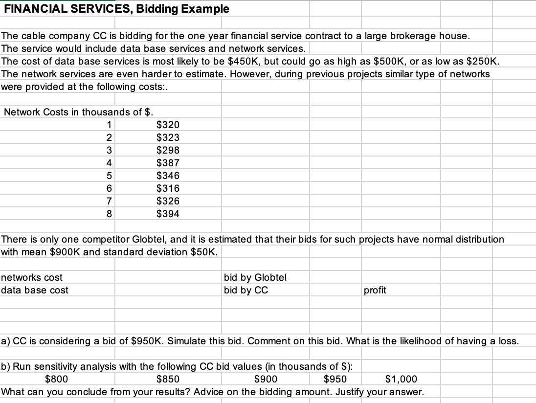 FINANCIAL SERVICES, Bidding Example The cable company | Chegg.com