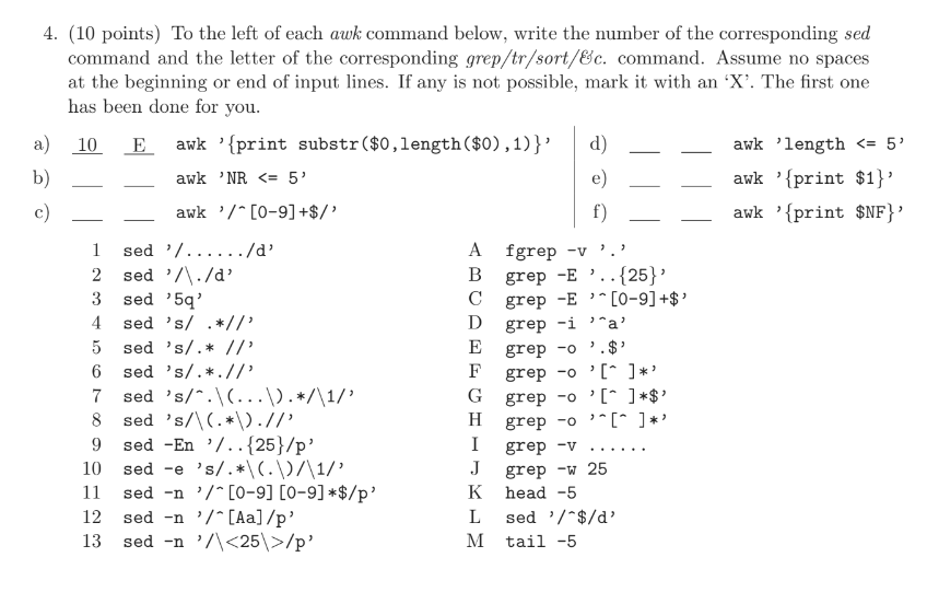4. (10 points) To the left of each awk command below, | Chegg.com