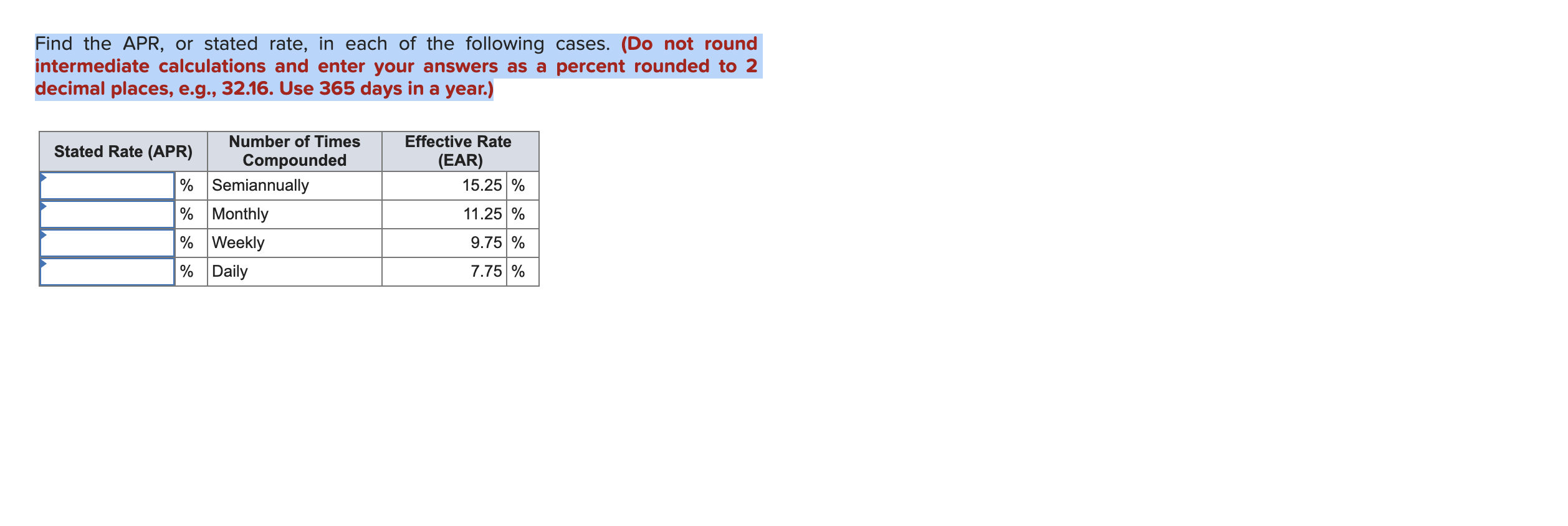 Solved Find the APR, or stated rate, in each of the | Chegg.com
