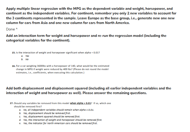 Solved Apply multiple linear regression with the MPG as the | Chegg.com