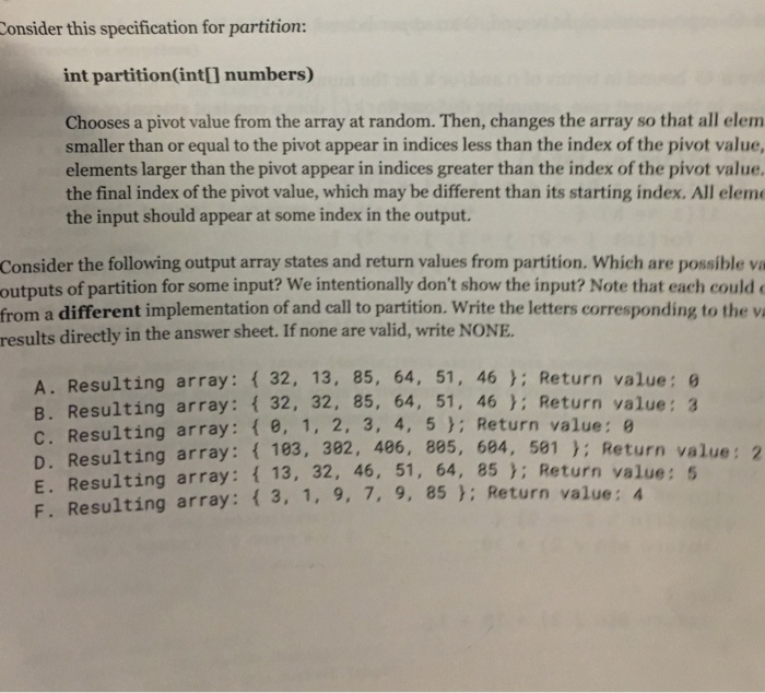 Solved Consider this specification for partition: int | Chegg.com