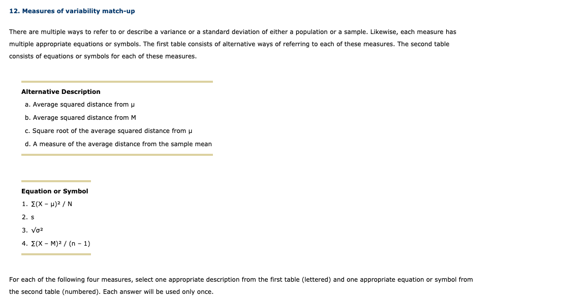 Solved 12. Measures of variability match-up There are | Chegg.com