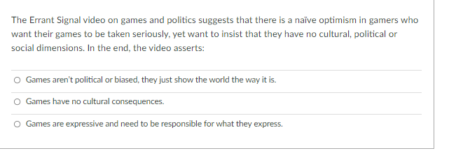Solved The Errant Signal video on games and politics | Chegg.com