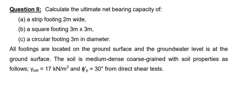 Solved Question II: Calculate the ultimate net bearing | Chegg.com