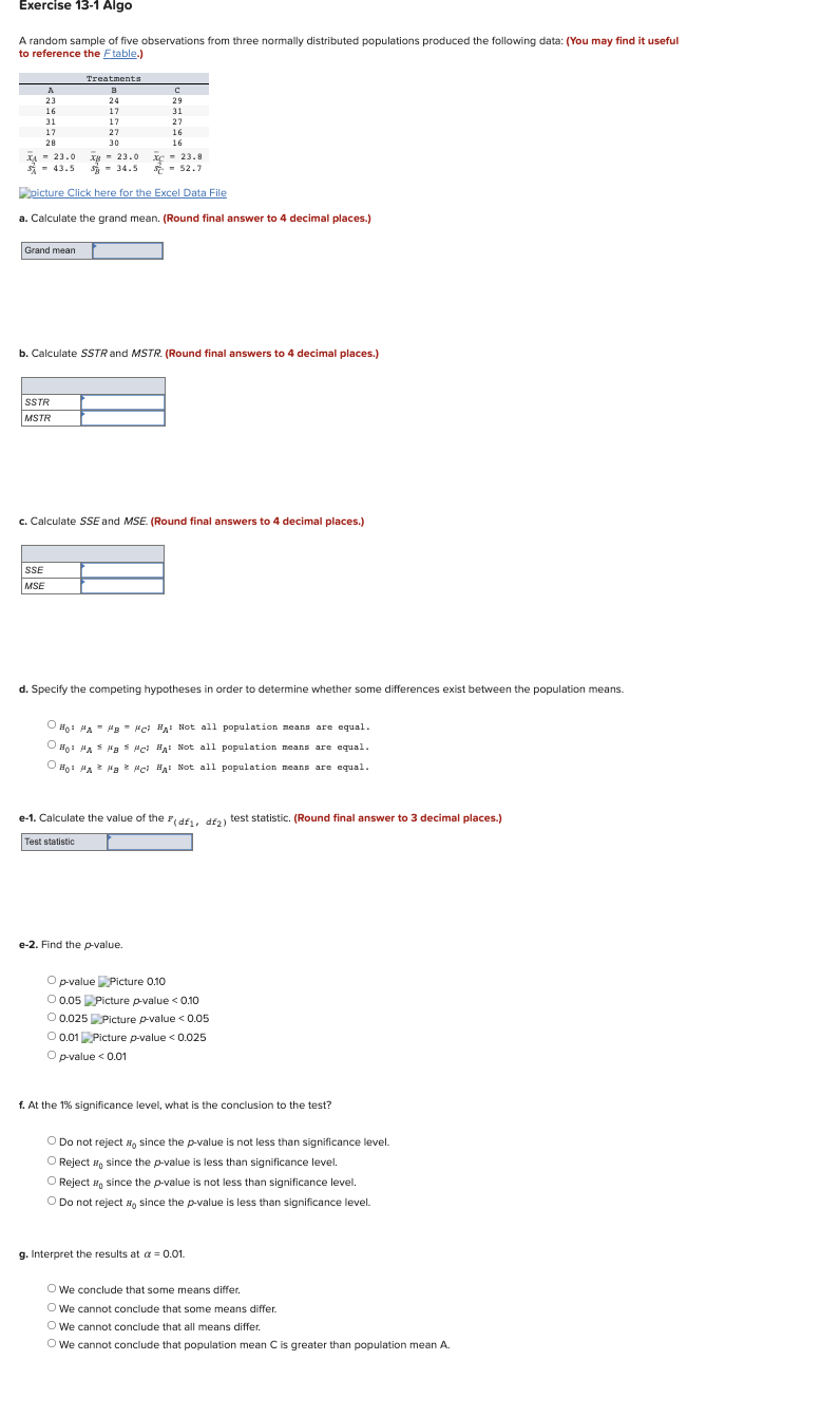 Solved Exercise 13-1 Algo A random sample of five | Chegg.com