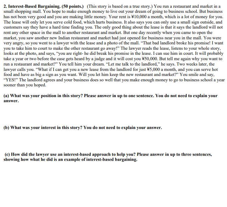 Solved 2. Interest-Based Bargaining. ( 50 points.) (This | Chegg.com