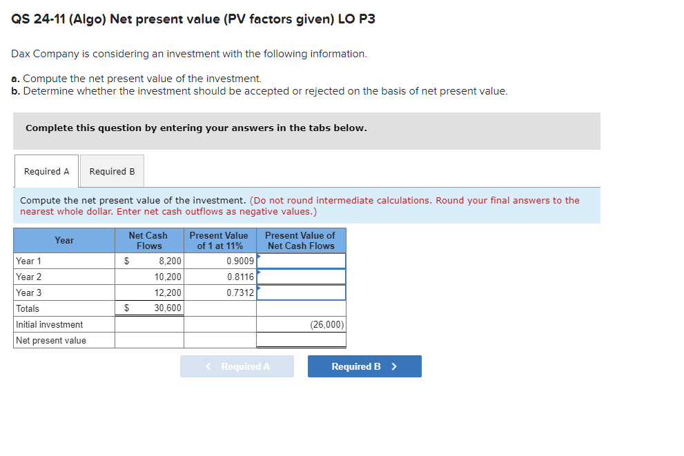 [Solved]: QS 24-11 (Algo) Net present value (PV factors gi