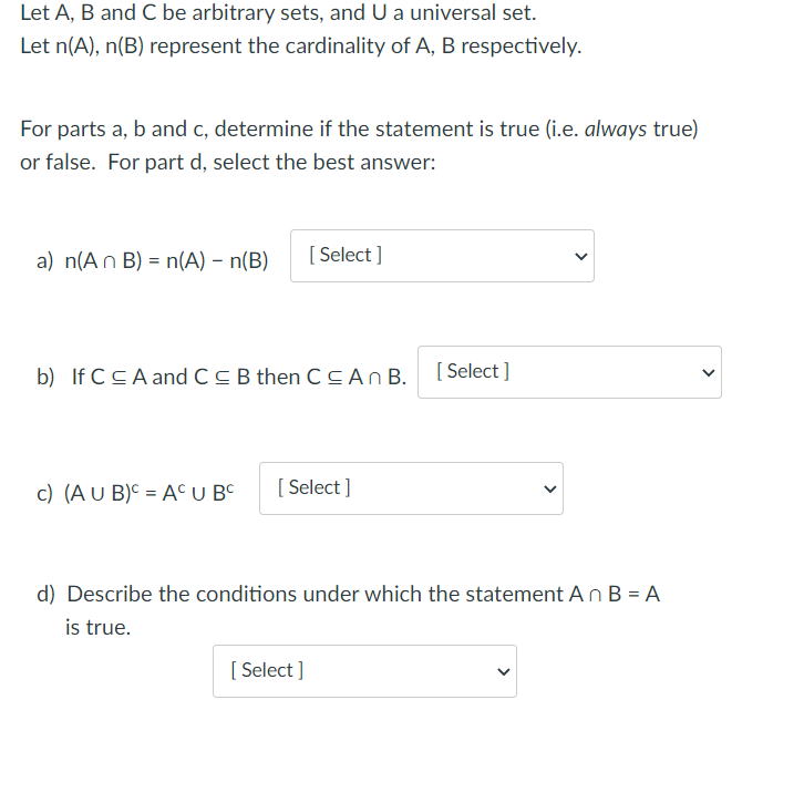 Solved Let A, B and C be arbitrary sets, and U a universal | Chegg.com