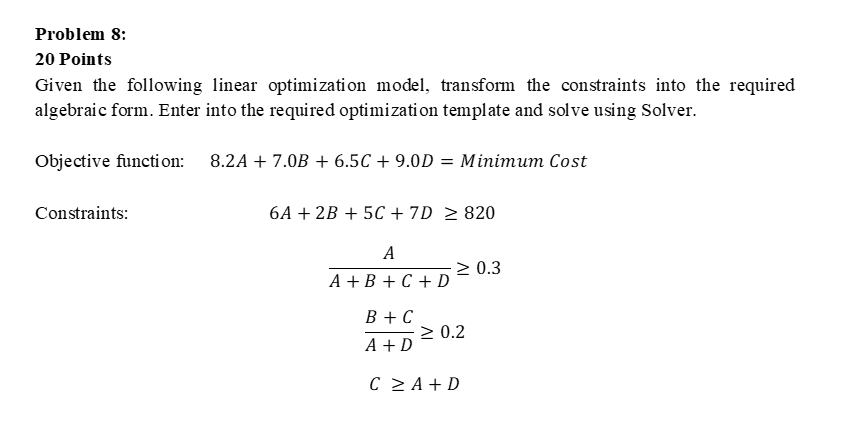 Solved Problem 8: 20 Points Given the following linear | Chegg.com