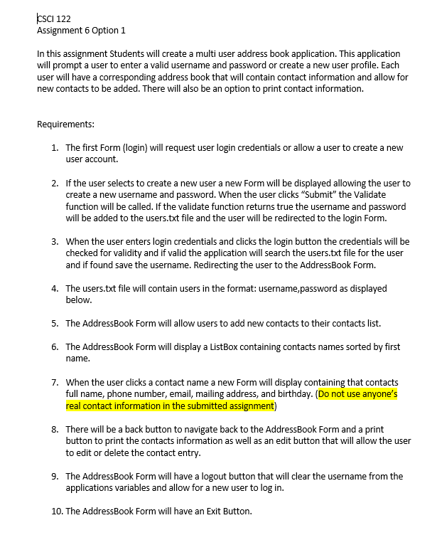 Visual basics application, create an address book. | Chegg.com