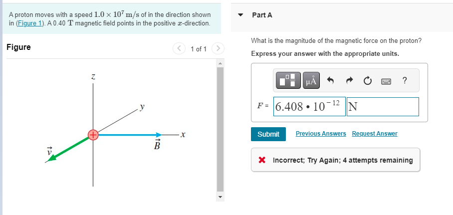 Solved A proton moves with a speed 1.0\times 107m/s ﻿of in | Chegg.com