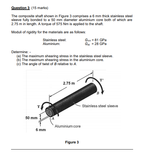 Solved Question 3: (15 marks) The composite shaft shown in | Chegg.com