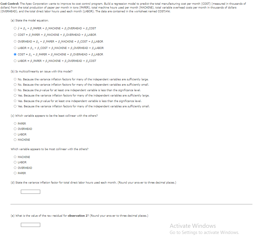 Solved ost Control: The Apex Corporation wants to improve | Chegg.com