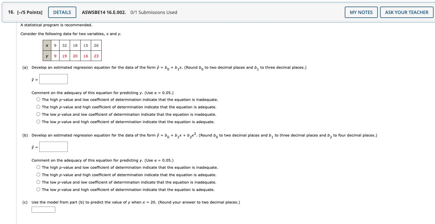 Solved 16. (-/5 Points] DETAILS ASWSBE14 16.E.002. 0/1 | Chegg.com