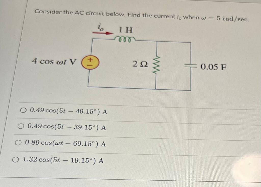 Solved Consider the AC circuit below. Find the current i0 | Chegg.com