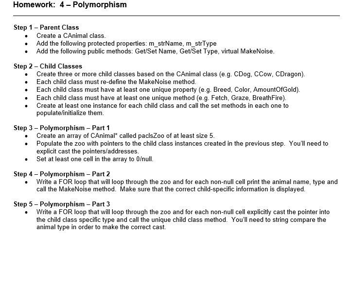 Solved Step 1 - Parent Class - Create a CAnimal class. - Add | Chegg.com
