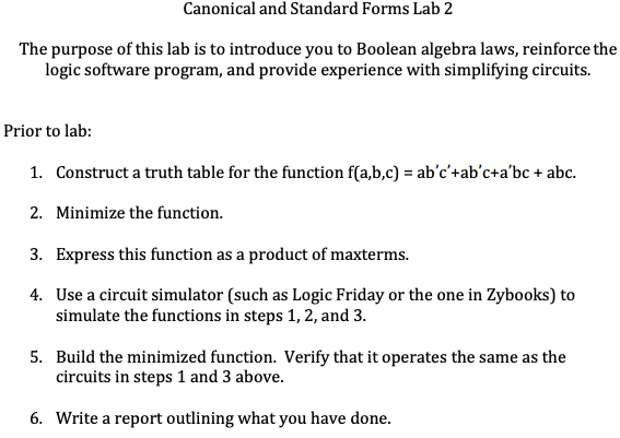 Solved Canonical and Standard Forms Lab 2 The purpose of | Chegg.com