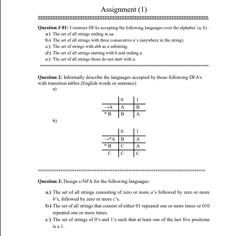Solved Assignment (1) Question # 01: Construct DFAs | Chegg.com