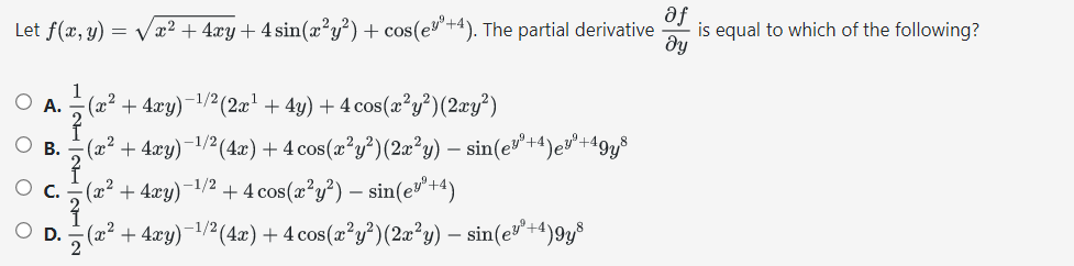 Solved Let f(x,y)=x2+4xy+4sin(x2y2)+cos(ey9+4). The partial | Chegg.com