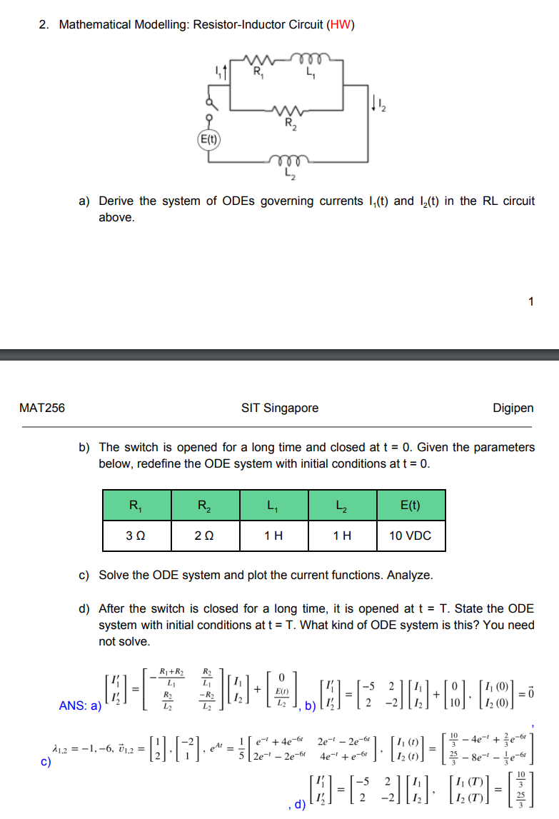 Solved 2. Mathematical Modelling: Resistor-Inductor Circuit | Chegg.com